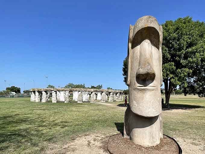 That moai expression perfectly captures how you feel discovering there's a Stonehenge replica in the Hill Country.