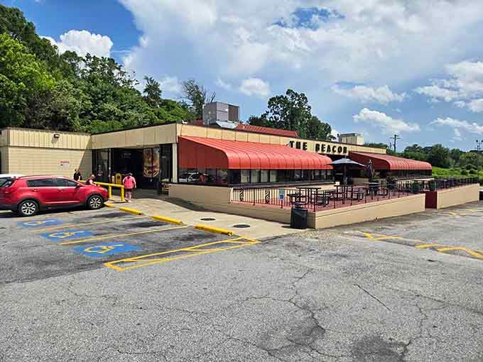 Red and white stripes that signal you're about to enter a zone of serious culinary satisfaction.