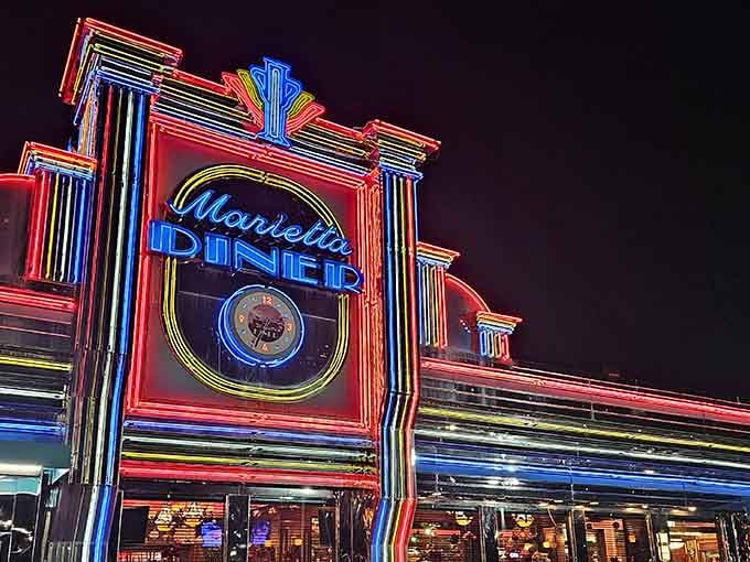 That neon glow isn't just lighting, it's a beacon calling hungry souls home to happiness.