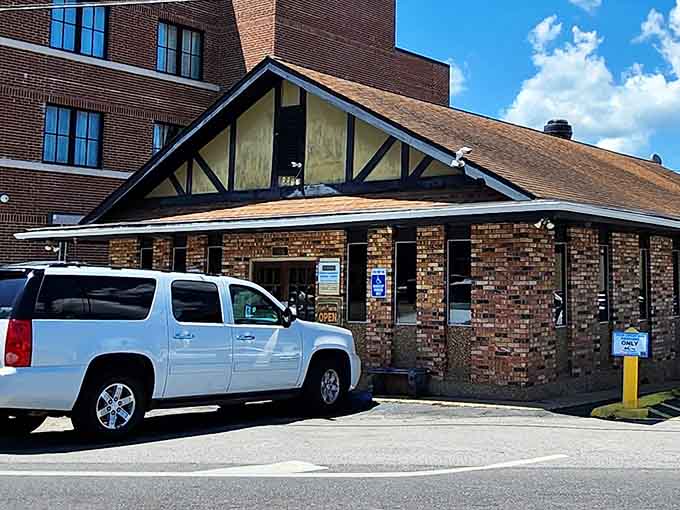 That classic brick exterior and covered entrance promise the kind of comfort food that never goes out of style.