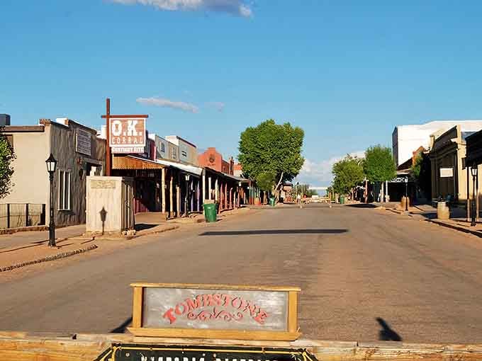 Tombstone's main street captures the essence of the Old West, with classic storefronts lining the road to history.