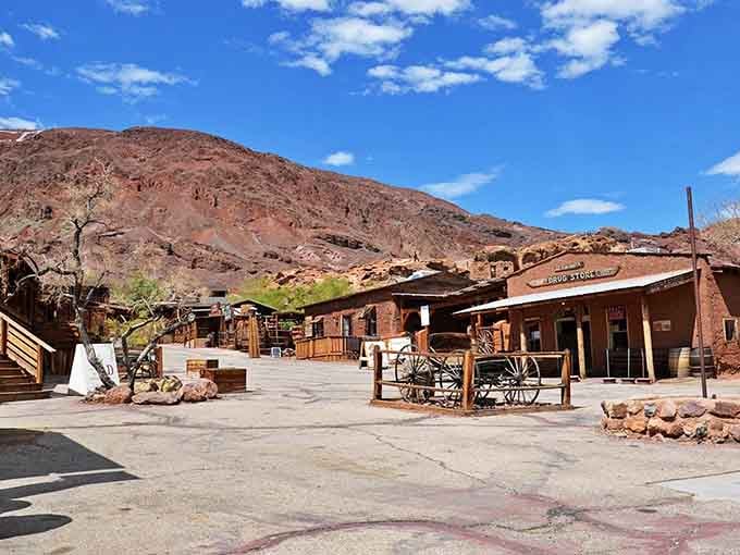 Weathered wood and desert mountains create the perfect backdrop for your Wild West fantasies.