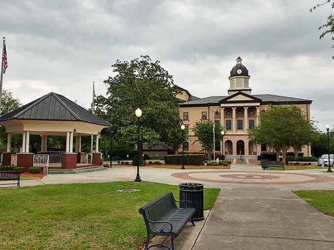 The town square monument honors history while surrounded by benches perfect for morning coffee and people-watching that's actually free.