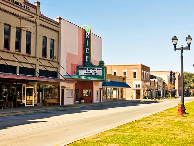 The iconic Rice Theater marquee anchors Crowley's walkable downtown, where entertainment options respect both your interests and retirement budget.