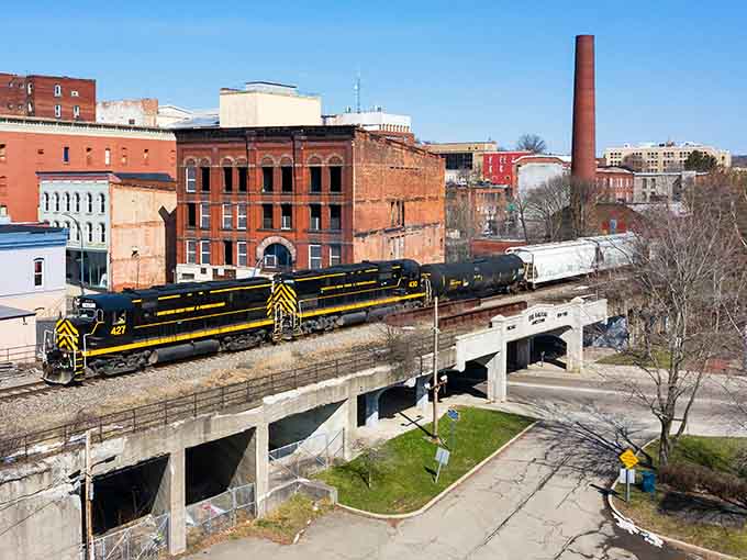Historic brick buildings line Jamestown's main thoroughfare, offering a glimpse into the city's industrial past while housing today's thriving local businesses.
