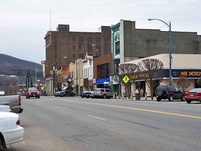 North Union Street showcases Olean's architectural character, where century-old buildings stand shoulder-to-shoulder with modern storefronts in small-town harmony.