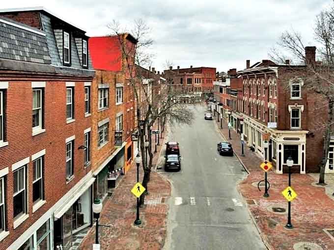 Historic brick buildings line Water Street in downtown Gardiner, showcasing the well-preserved 19th-century architecture that gives the town its character.