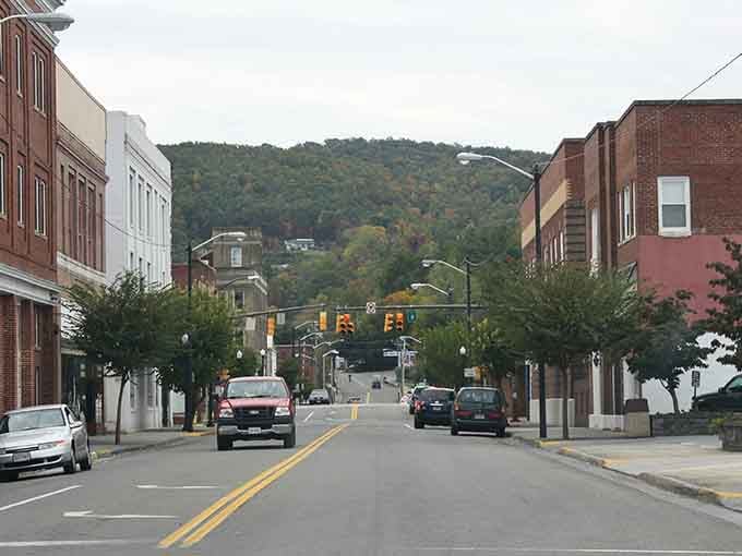Main Street rolls gently toward those blue-green mountains like a postcard from a simpler time.