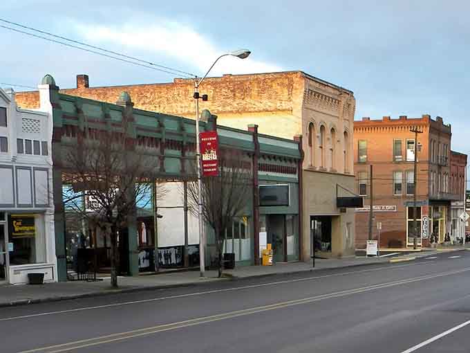 Downtown Pomeroy's historic storefronts glow in the evening light, proving that authentic architecture never goes out of style.