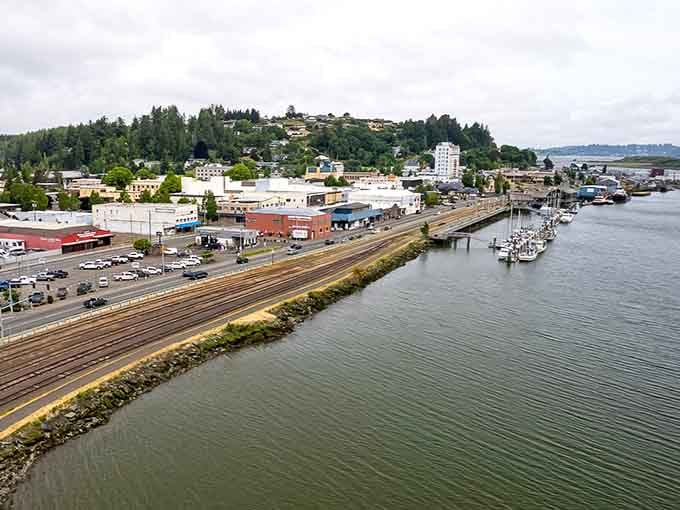 From above, Downtown Coos Bay showcases its authentic charm, with local shops lining streets that still honor their working-class roots.