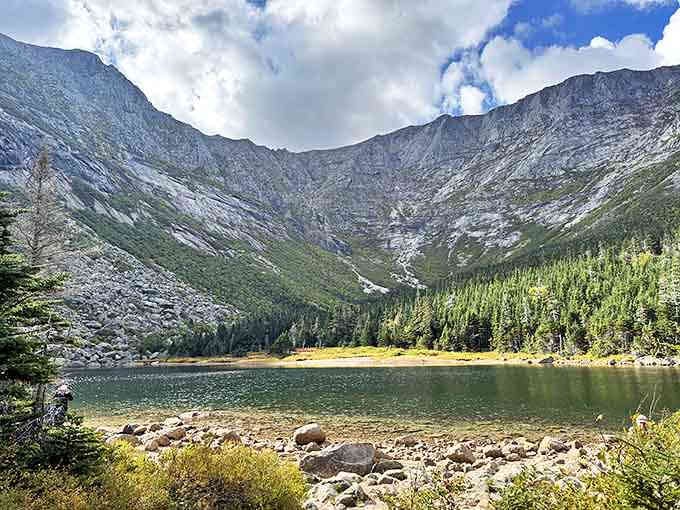 Chimney Pond reflects Mount Katahdin like nature's own infinity mirror. Maine's greatest mountain doesn't need Instagram filters.