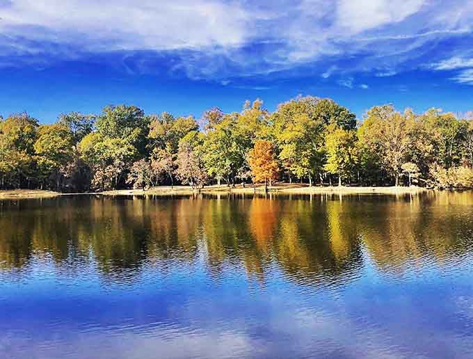 Nature's mirror game at Mayes Lake creates a double feature of autumn colors. The still waters perfectly reflect the vibrant treeline, making photographers swoon.