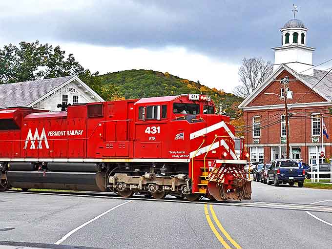 When a bright red Vermont Railway engine meets classic New England architecture, you've got yourself a Norman Rockwell painting come to life.