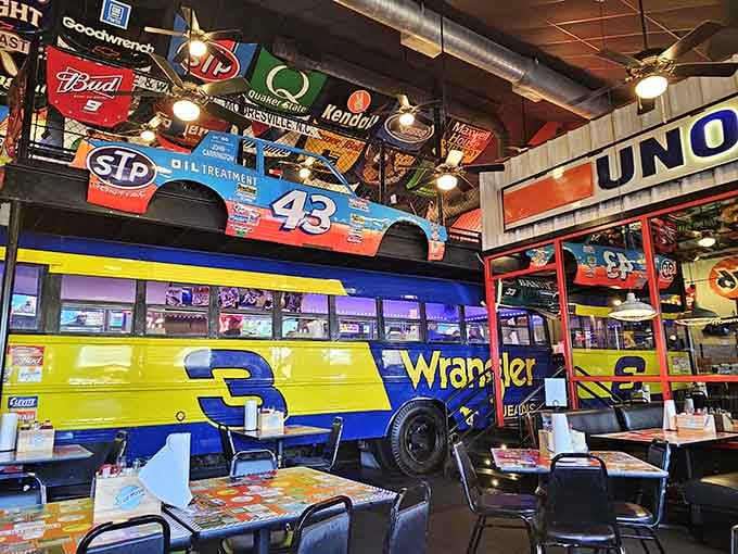 That yellow school bus isn't taking anyone to math class, just straight to barbecue heaven and back.