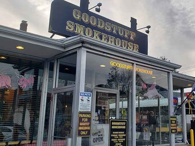 A closer look at the entrance to Blackstone's hidden gem, where that illuminated sign promises smoky delights within.