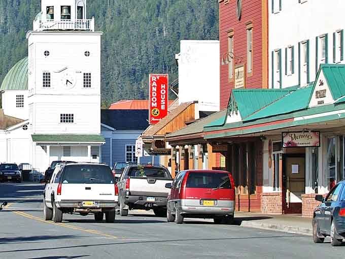 Colorful storefronts line Sitka's main street, where "rush hour" means a handful of vehicles and mountain views come standard.