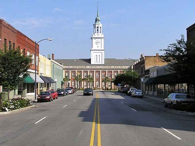 The stately Marlboro County Court House anchors downtown with its impressive clock tower, a testament to the town's historic significance and enduring civic pride.