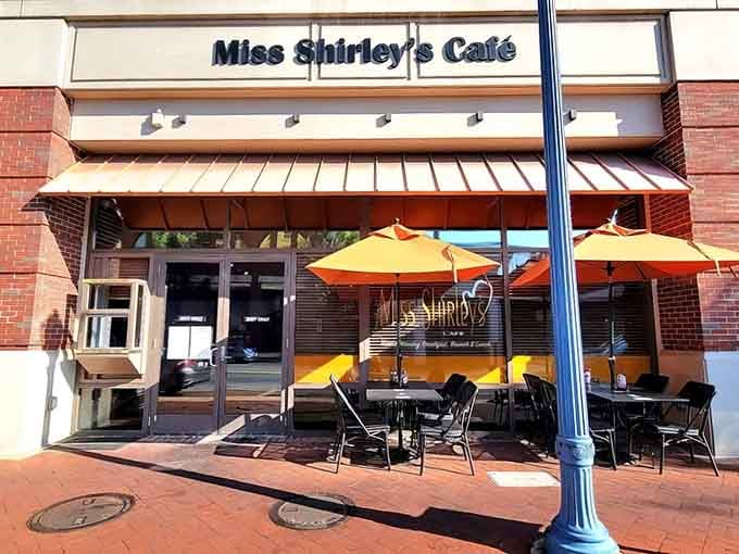 Those cheerful orange umbrellas outside Miss Shirley's Cafe are practically begging you to sit down for breakfast.