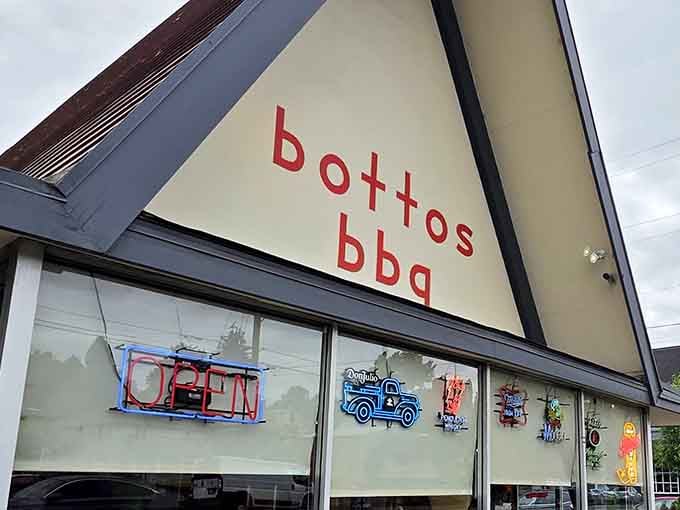 The playful window decals hint at the fun waiting inside this unassuming Portland barbecue destination.