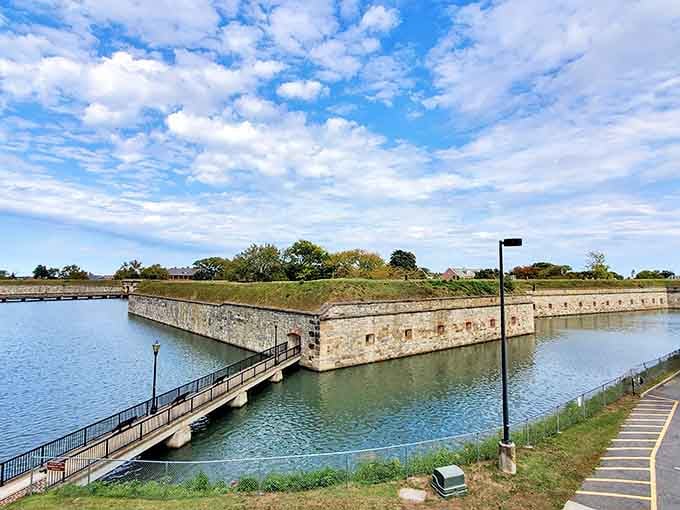 That moat surrounding massive stone walls isn't a movie set, it's America's largest stone fortress waiting in Hampton.