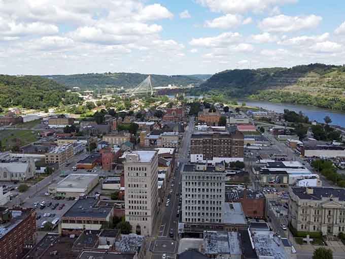 Downtown Steubenville stretches toward the Ohio River, where historic architecture meets the natural beauty of surrounding hills.