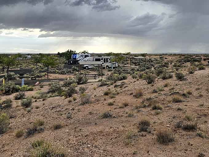 Storm clouds rolling in over the desert campground create drama that no streaming service can match.