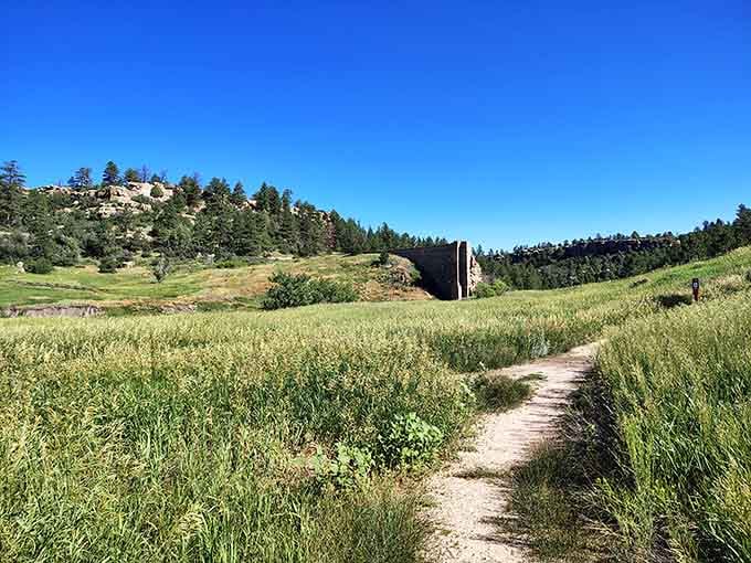 A trail through golden grasslands leading to dam ruins, because sometimes the best stories involve spectacular failures.