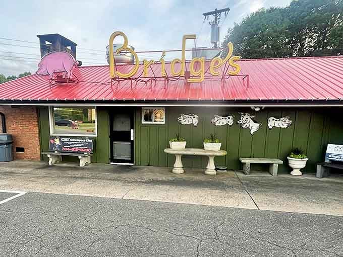 That iconic red roof and vintage "Bridges" sign against the Carolina blue sky is like a beacon calling all barbecue pilgrims home.