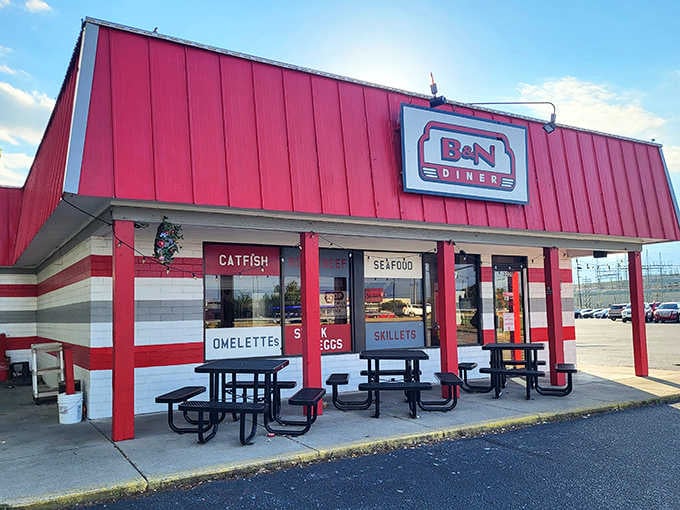 The bright red exterior of B&N Diner stands like a beacon of breakfast hope against the Indiana sky. Come hungry, leave happy.