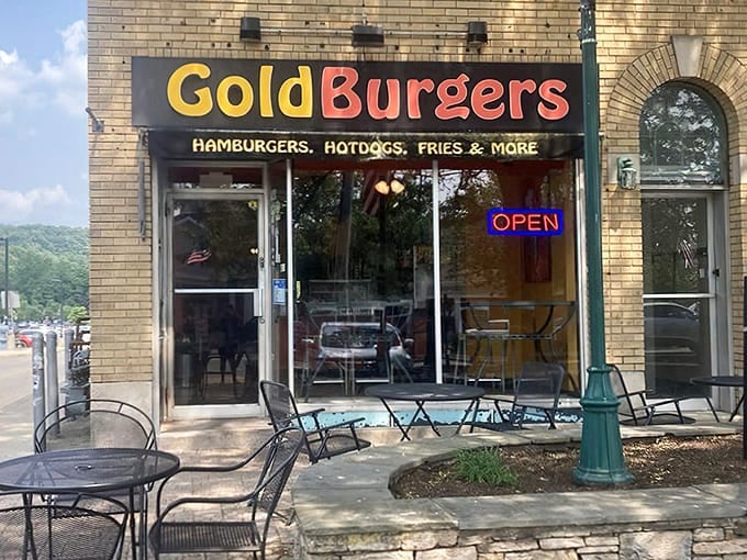 The golden letters against brick say it all: unpretentious, straightforward, and promising burger bliss that keeps locals coming back.
