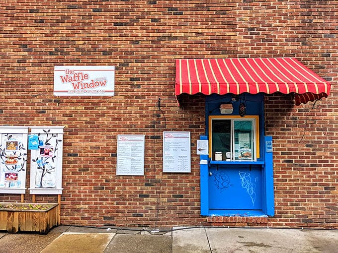 That cheerful blue window against red brick is your portal to waffle paradise, complete with hanging flowers.
