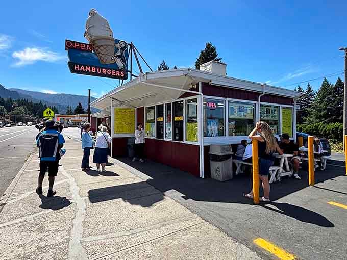 The outdoor seating offers front-row views to one of Oregon's prettiest roadside dining experiences you'll ever encounter.