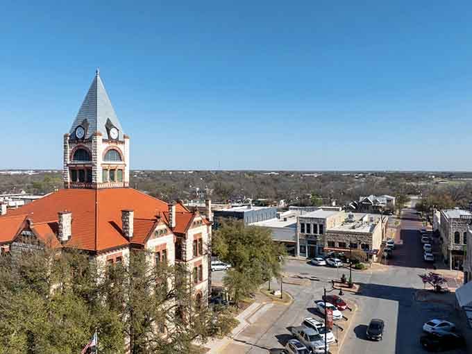 The historic Erath County Courthouse stands proudly in downtown Stephenville, its red sandstone facade telling stories of Texas past while still keeping perfect time.