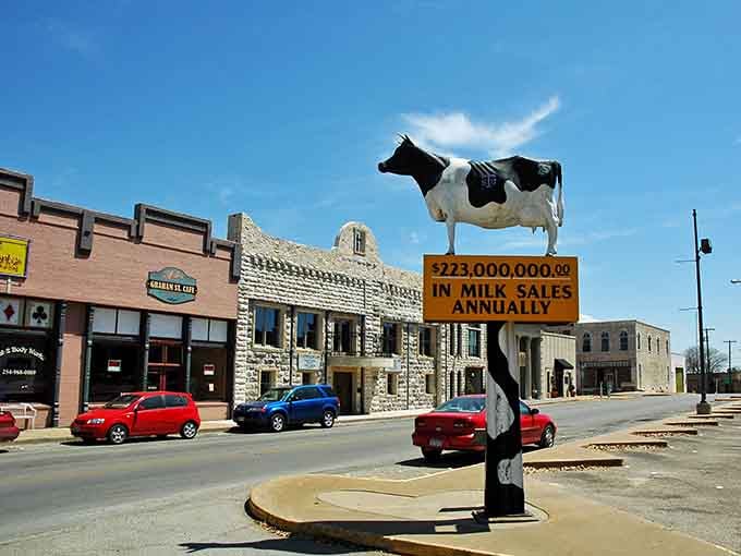 Stephenville proudly displays its dairy heritage with this charming cow statue announcing the impressive $223 million in annual milk sales.