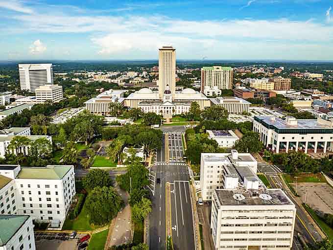 Tallahassee's skyline proves Florida isn't just flat beaches and theme parks. The Capitol building stands tall among oak-covered hills that would make any northerner do a double-take.