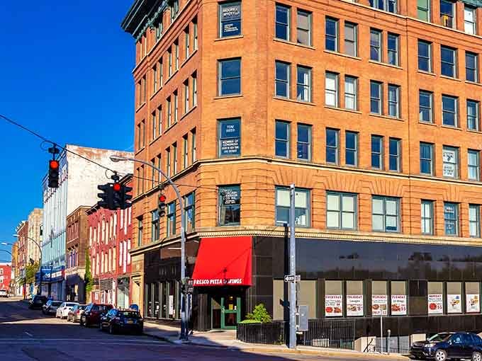 Historic brick buildings line Jamestown's main thoroughfare, offering a glimpse into the city's industrial past while housing today's thriving local businesses.