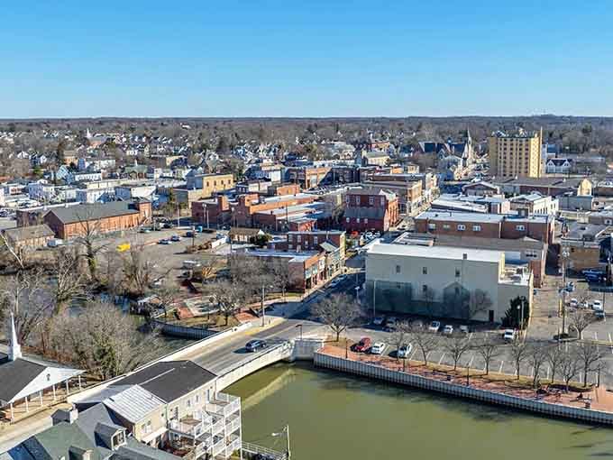 The aerial view reveals a town that's kept its soul intact while others sold theirs.