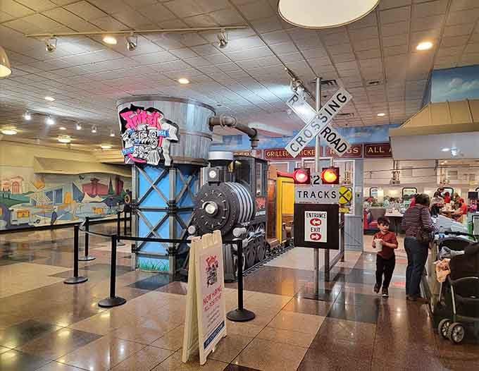 That locomotive entrance isn't just for show; it's your first hint that this meal comes with entertainment included.