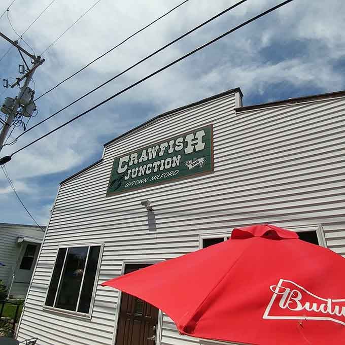 Shaded outdoor seating under branded umbrellas offers the perfect spot to enjoy your meal while watching small-town life unfold around you.