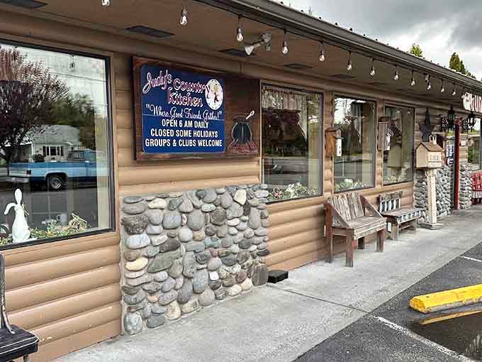 The rustic charm starts before you even walk through the door, complete with welcoming benches for the breakfast crowd.