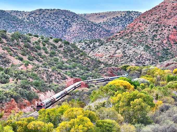 When autumn paints the canyon in gold and crimson, even the train slows down to admire the view.