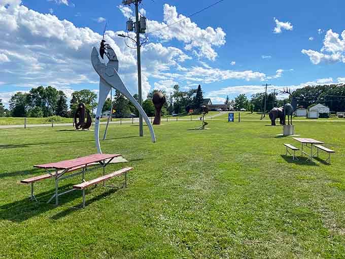 Metal giants and open skies create the kind of roadside magic that makes Minnesota road trips unforgettable.