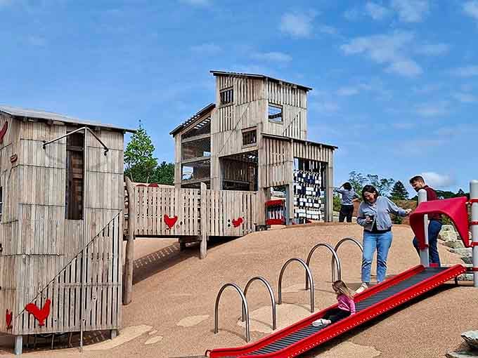 Multiple play structures mean every age group gets their own adventure zone without the usual playground traffic jams.