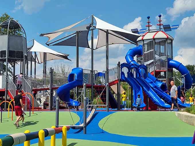 This isn't just a playground, it's a multi-level wonderland where childhood dreams come in brilliant blue.