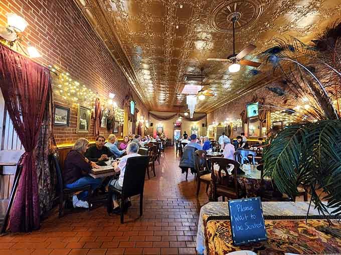 A dining room where history meets hunger, and both leave completely satisfied with the arrangement they've made together.