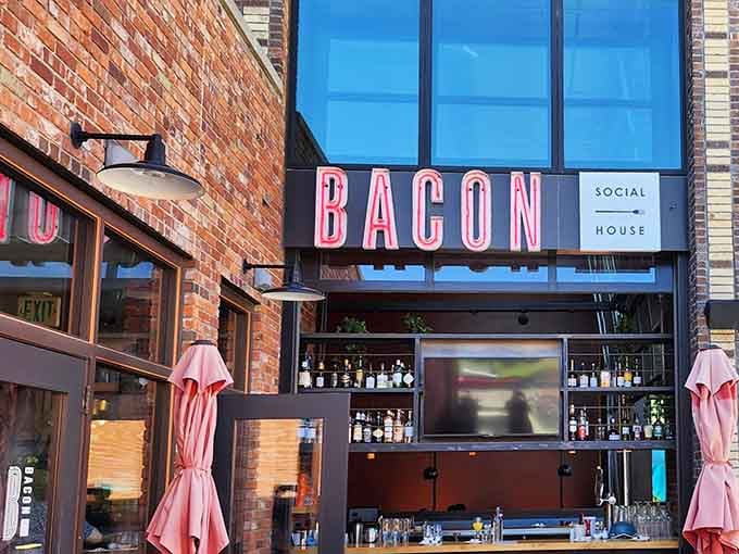 The outdoor bar setup proves that bacon appreciation knows no season, only dedication and proper patio furniture.