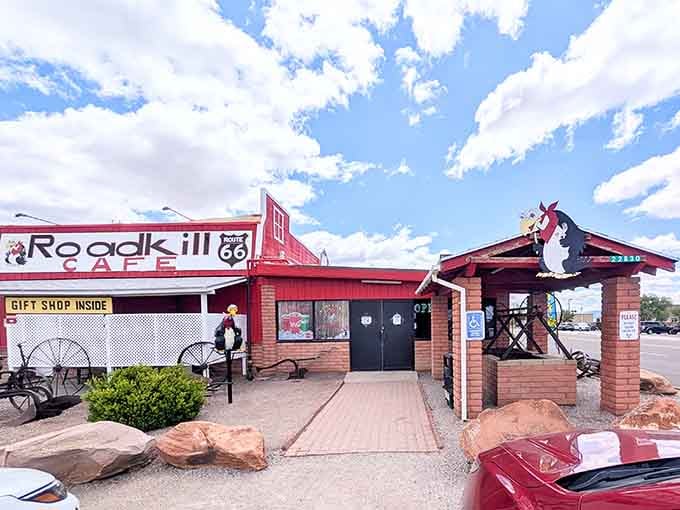 That bright red building isn't a mirage, it's your destination for the most hilariously named lunch you'll ever eat.
