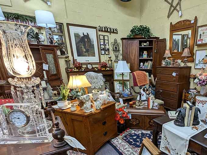 This cozy antique corner feels like stepping into a lived-in storybook, with surprises everywhere you look.