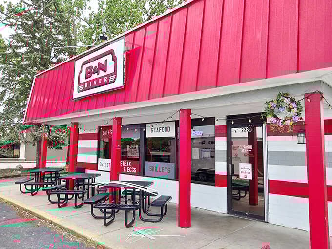 The bright red exterior of B&N Diner stands like a beacon of breakfast hope against the Indiana sky. Come hungry, leave happy.