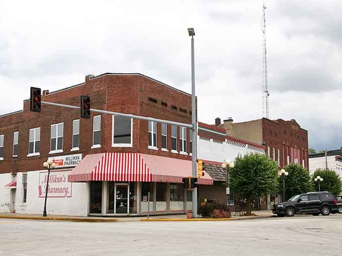 Classic small-town America with those charming striped awnings that make you want to step inside and browse.